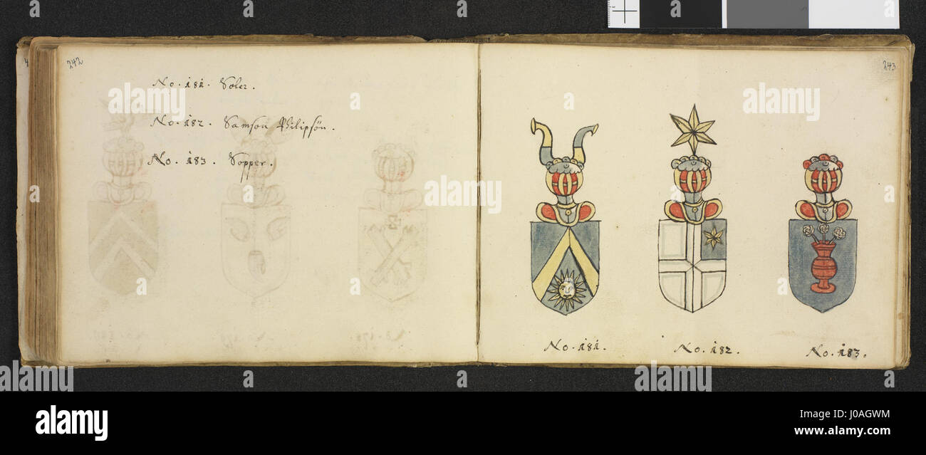 This historical work depicts the insignia of prominent figures from ...