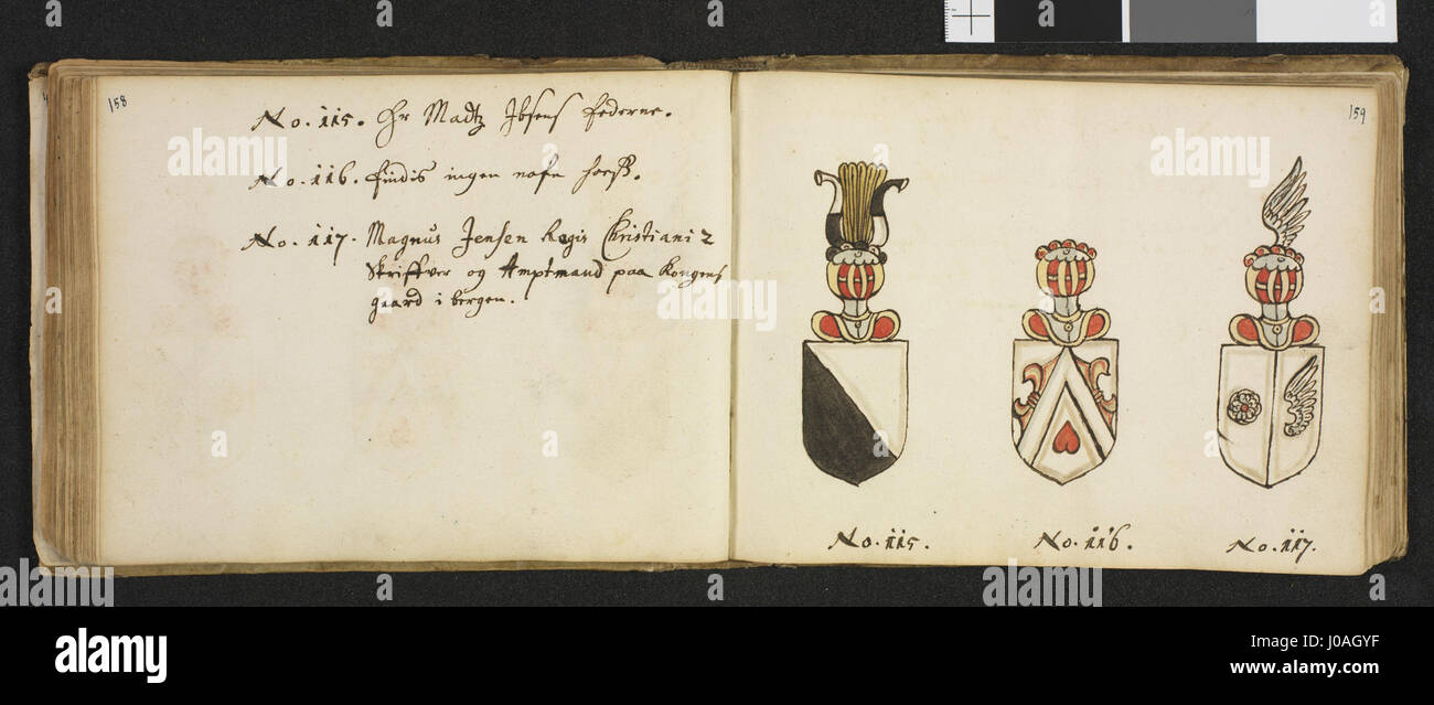 This work depicts the insignia of notable men who lived in Norway. The ...