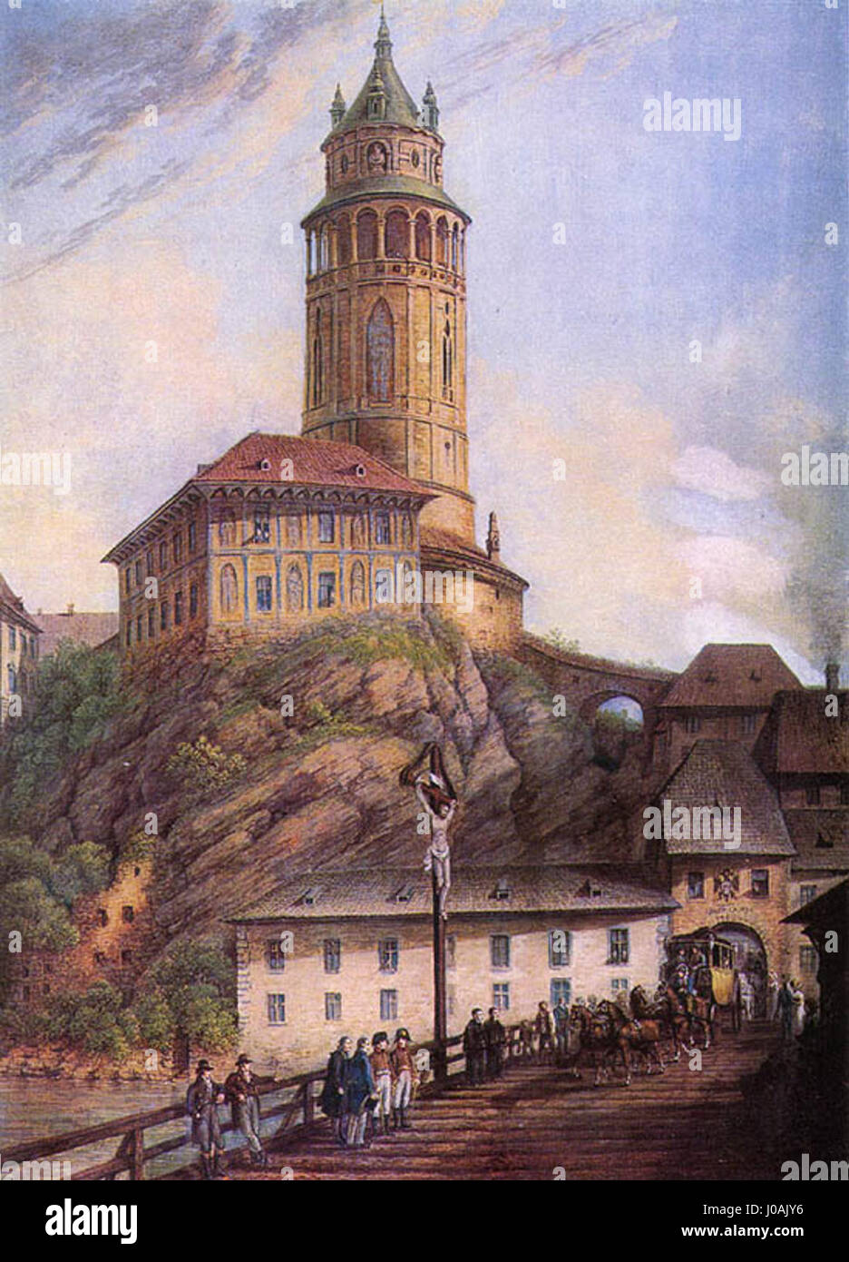 A painting by Ferdinand Runk depicting the town of Český Krumlov with ...