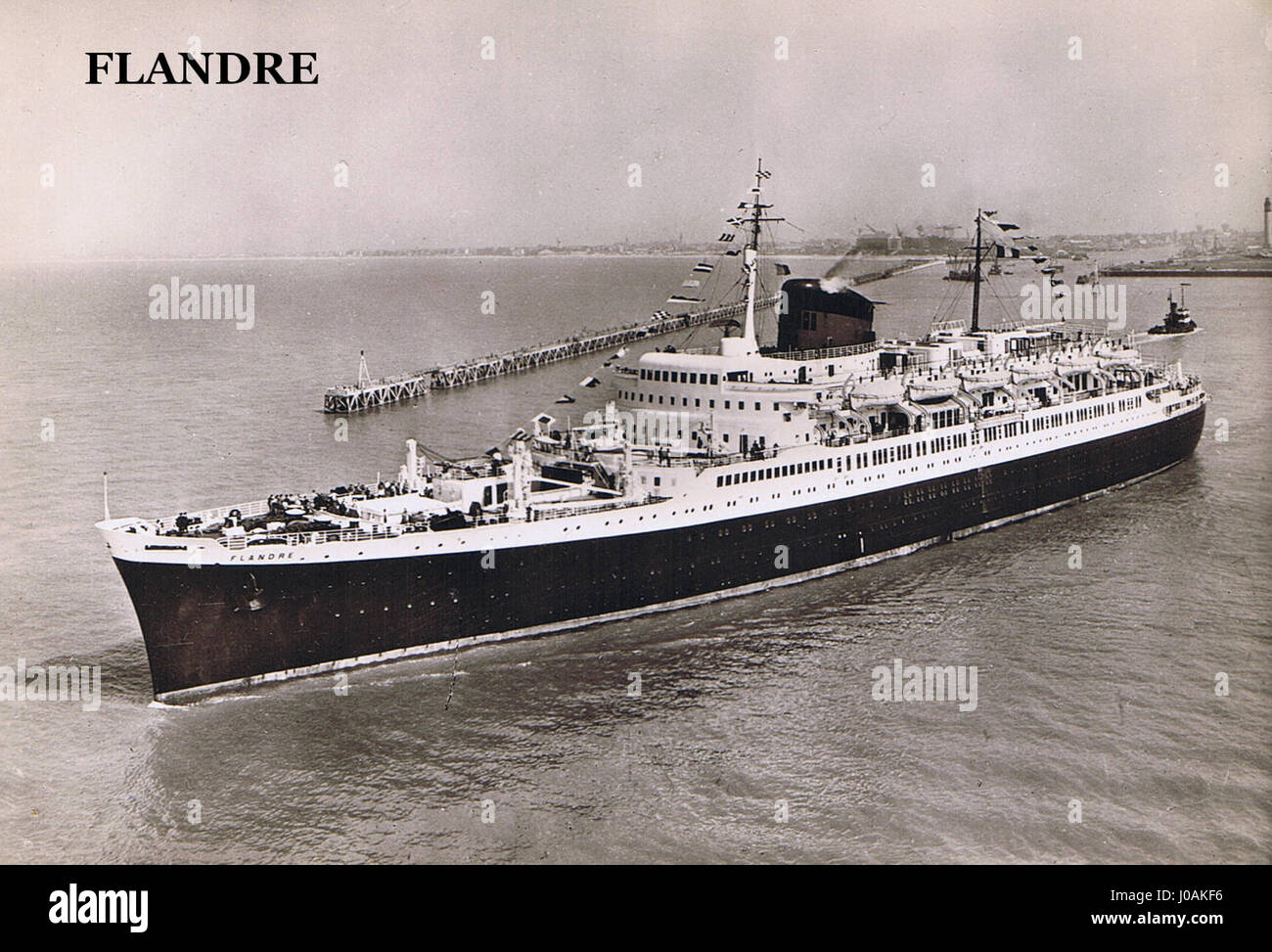 'Paquebot Flandre' depicts the French ocean liner Flandre, a prominent ...