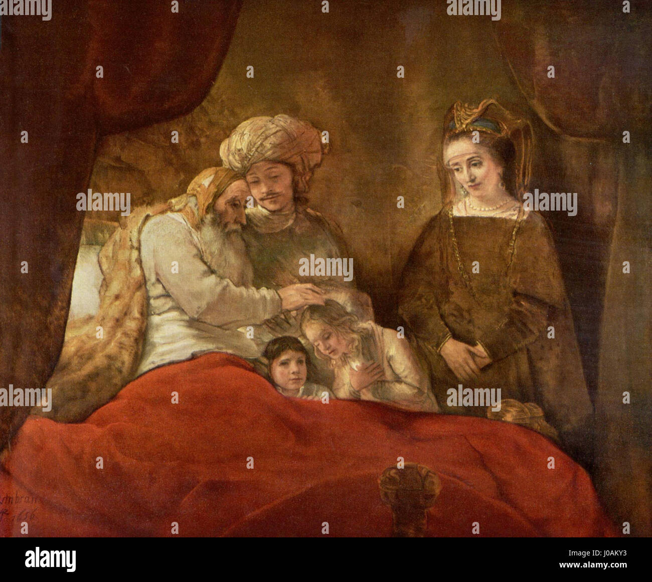 This painting by Rembrandt depicts the biblical scene of Jacob blessing ...