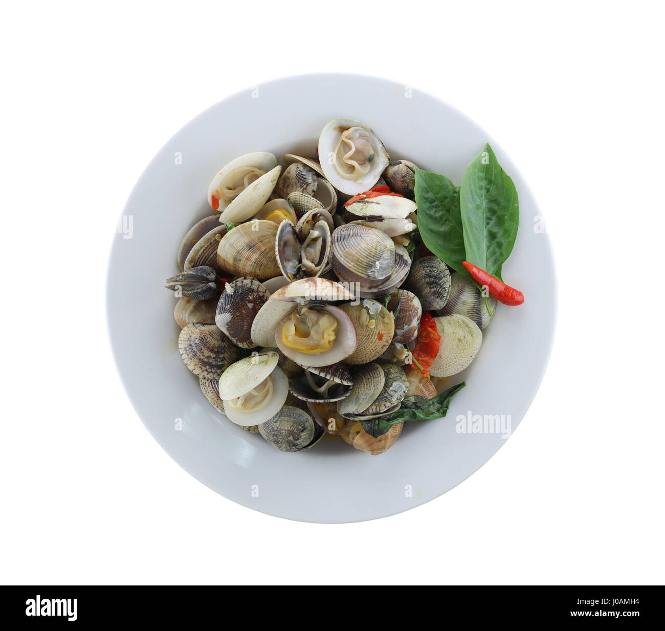sea clams or RIDGED VENUS CLAM of Stir sauce in white dish isolated on ...