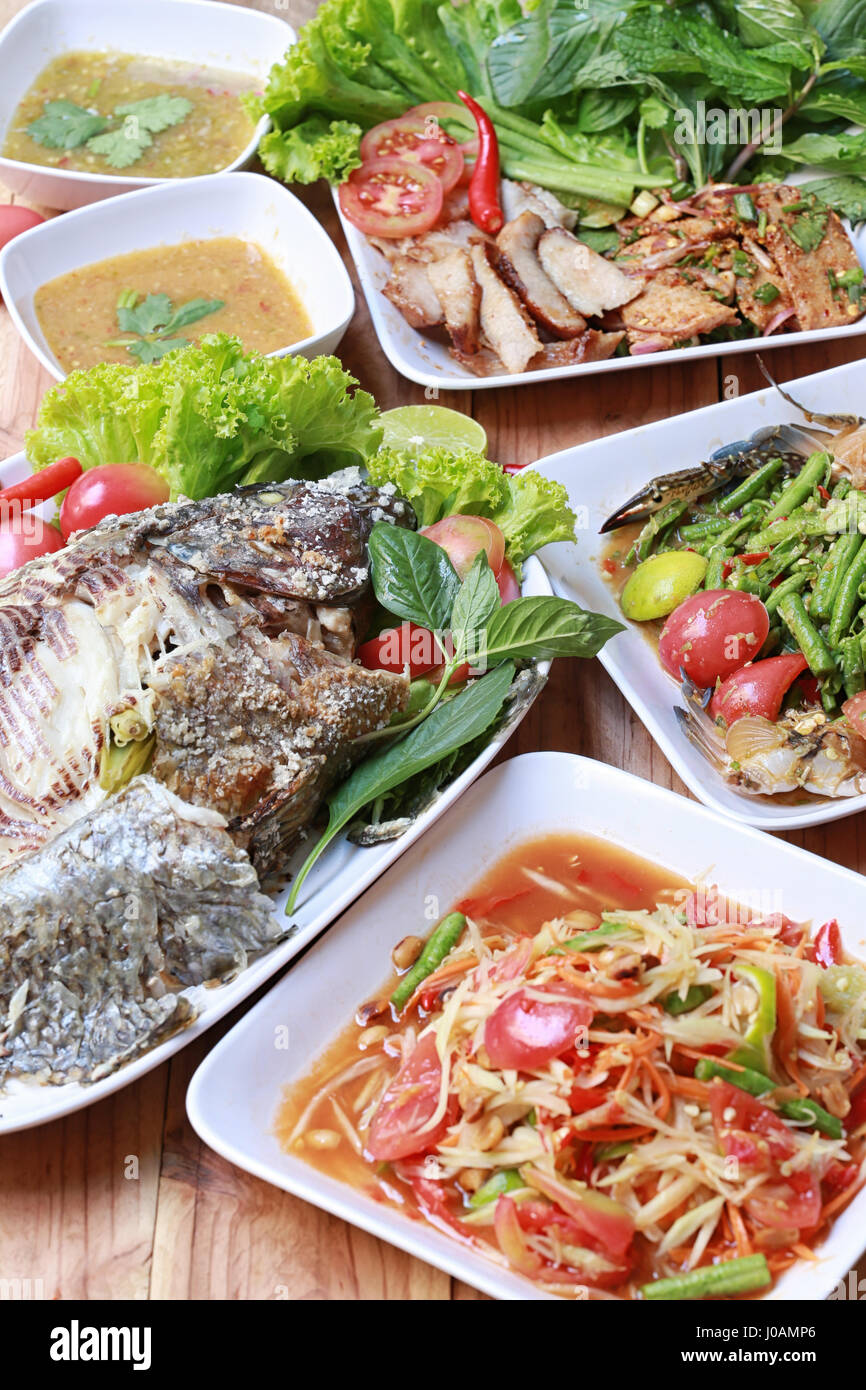 Mix Thai food on wooden floor in Thailand style for design diet ...