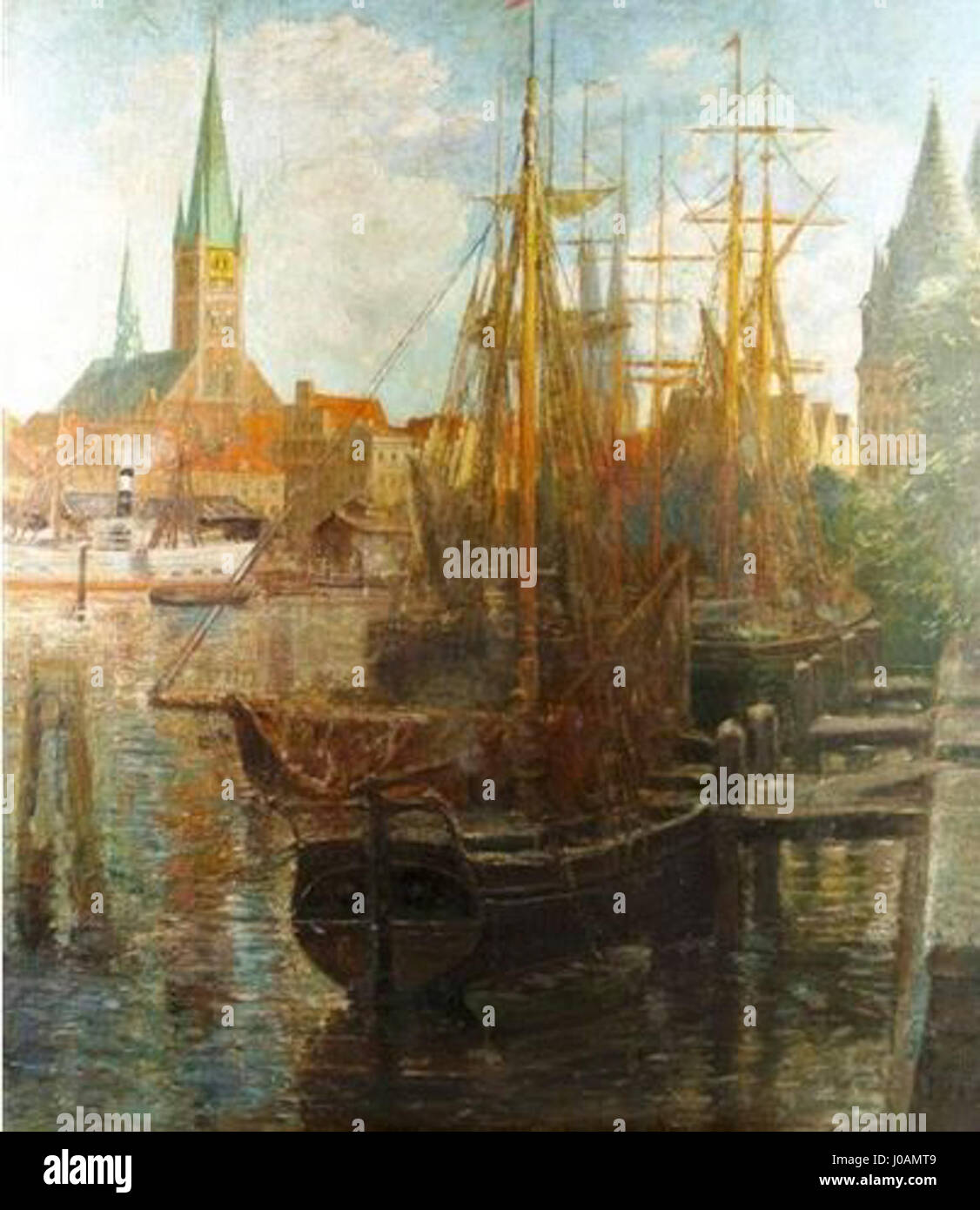This 19th-century painting depicts the bustling harbor of Lübeck, a ...