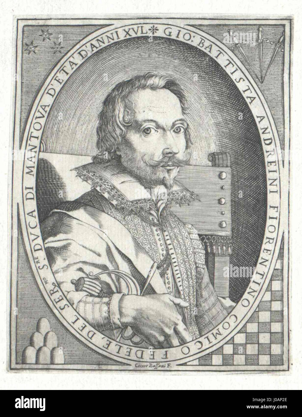 An engraving of Giovan Battista Andreini, created by Cesare Bassani ...