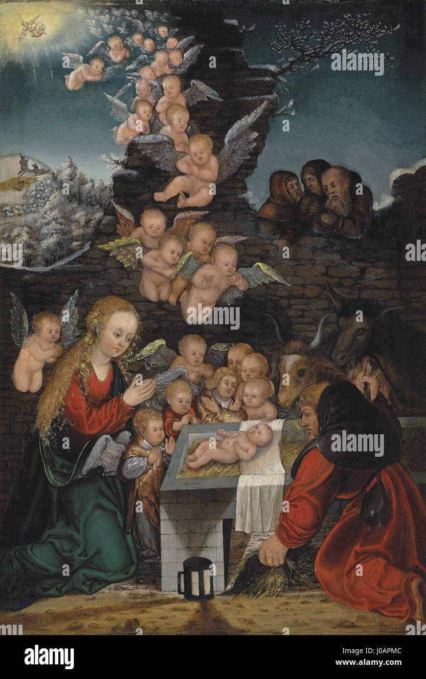 *Die Geburt Christi* (The Birth of Christ) by Lucas Cranach the Elder depicts the nativity scene ...