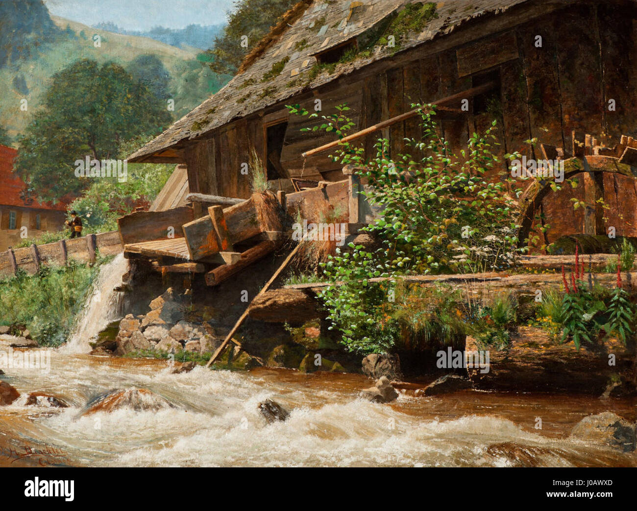 'Wassermühle im Schwarzwald' (1891) by Hermann Dischler depicts a ...
