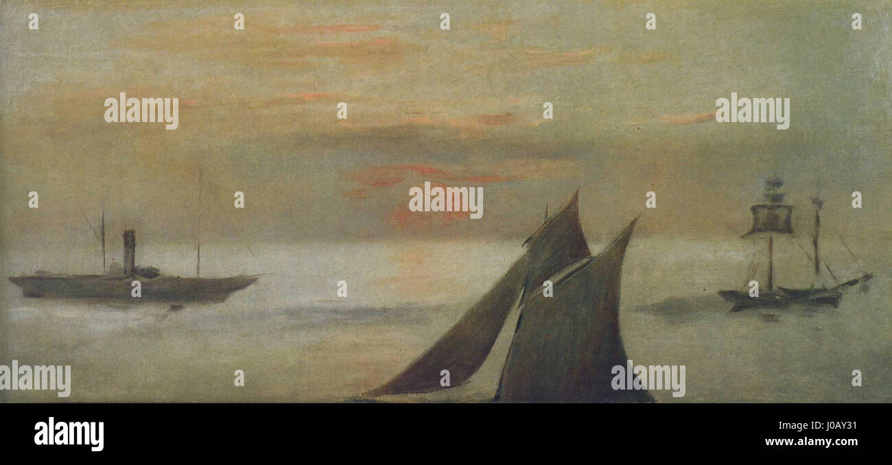 Édouard Manet's 'Bateaux en mer, soleil couchant' depicts a seascape ...