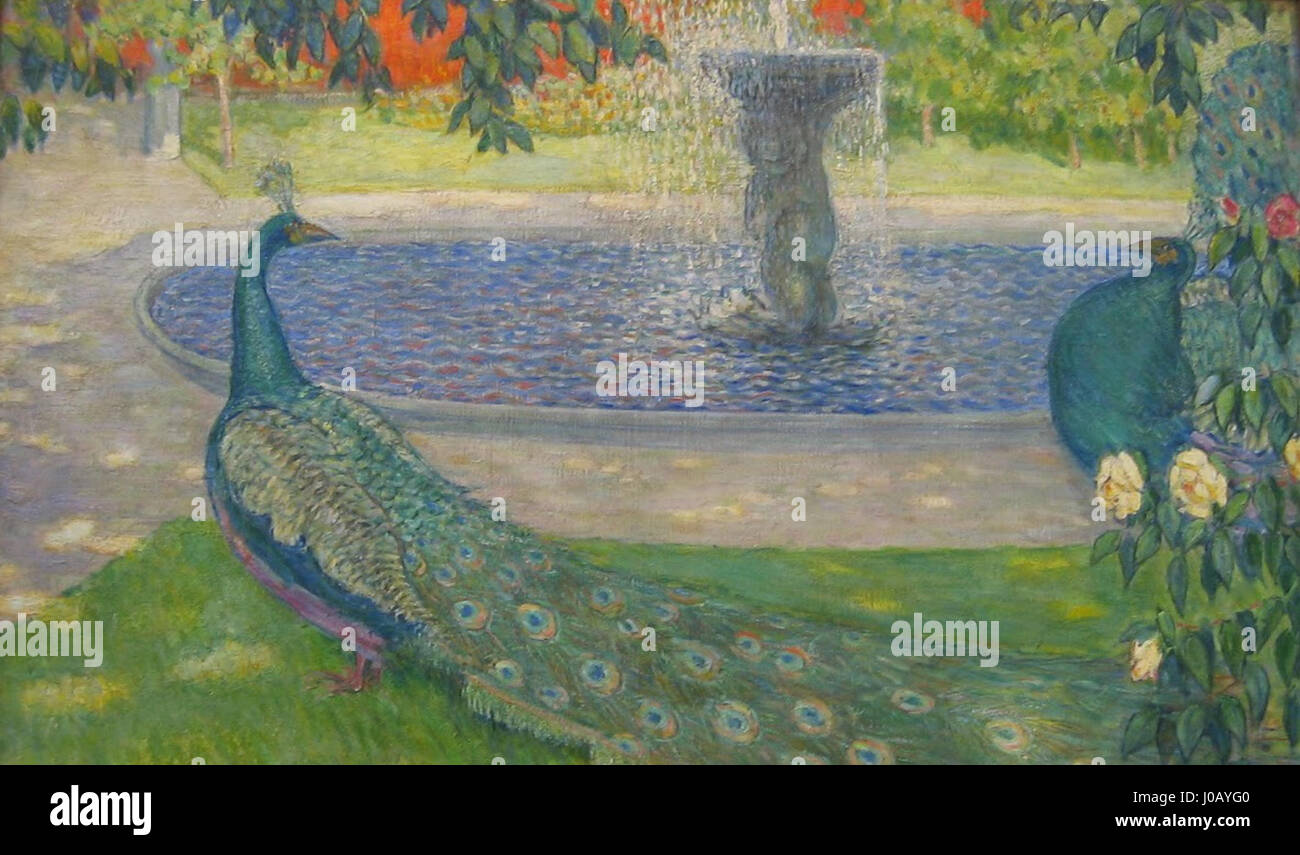 The painting 'Peacocks at the Fountain' by Hausch Alexander depicts ...