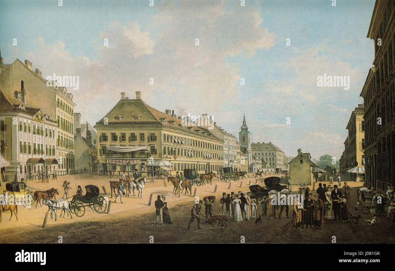 'Jägerzeile, Vienna, 1825' portrays a scene of a street in Vienna in ...