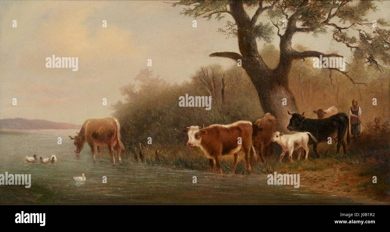 Ludwig Sellmayr's 'Kühe an der Tränke' (1892) depicts cows drinking at ...