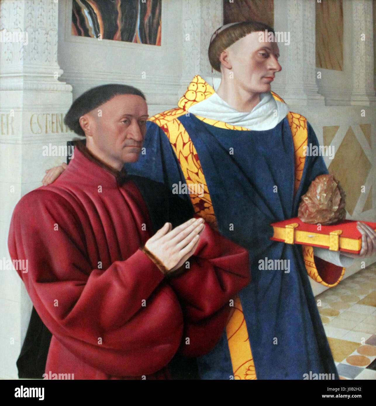 The 1454 painting by Jean Fouquet, featuring Étienne Chevalier with Saint Stephen, is a ...