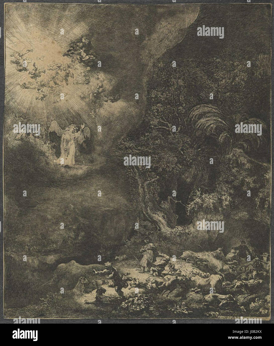 This painting by Rembrandt depicts the Annunciation to the Shepherds, showcasing the moment of ...