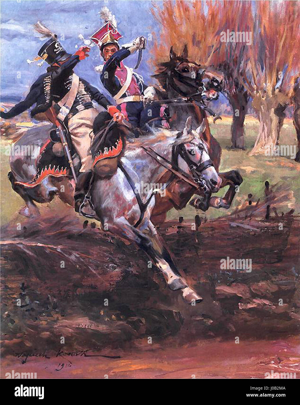 This artwork depicts a battle scene featuring Polish light cavalry ...