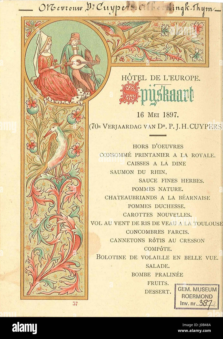 The 'Hôtel de l'Europe Spijskaart 16 Mei 1897' is a historic menu from ...