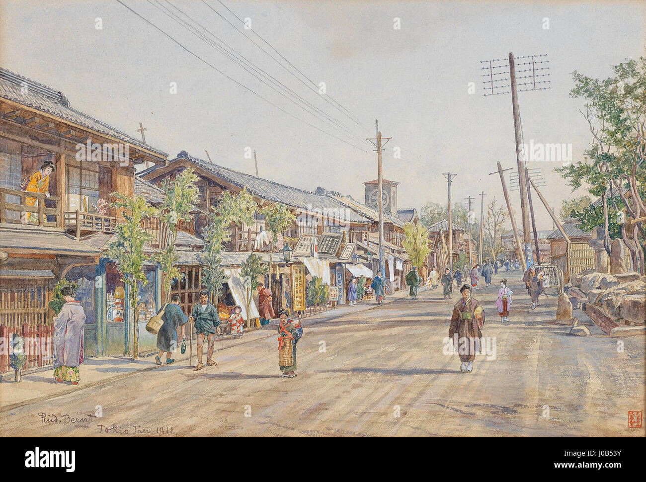 This 1911 painting by Bernt depicts a bustling street scene in Tokyo ...
