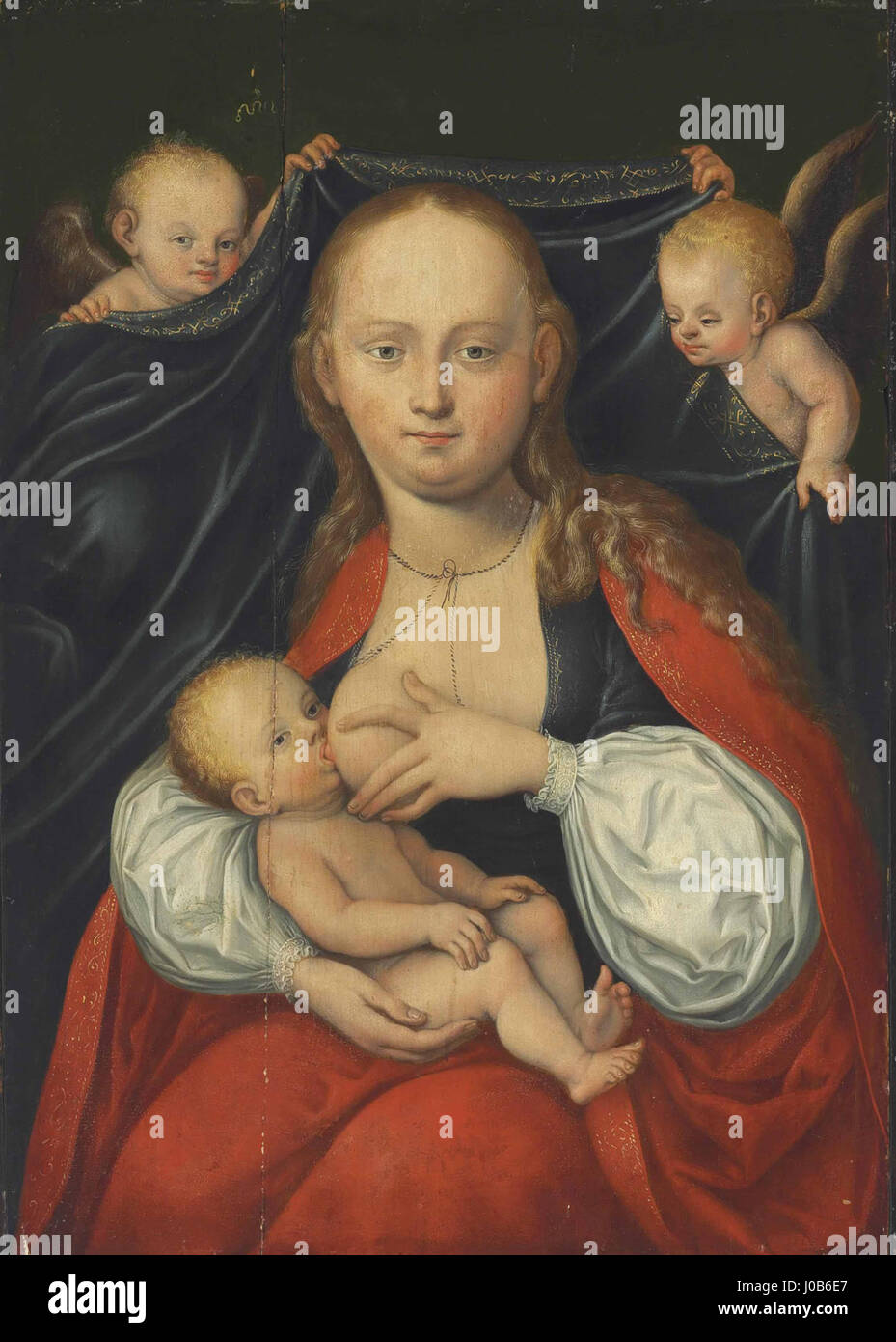 'Madonna mit Kind und zwei Engeln' by Lucas Cranach the Younger depicts the Virgin Mary with the ...