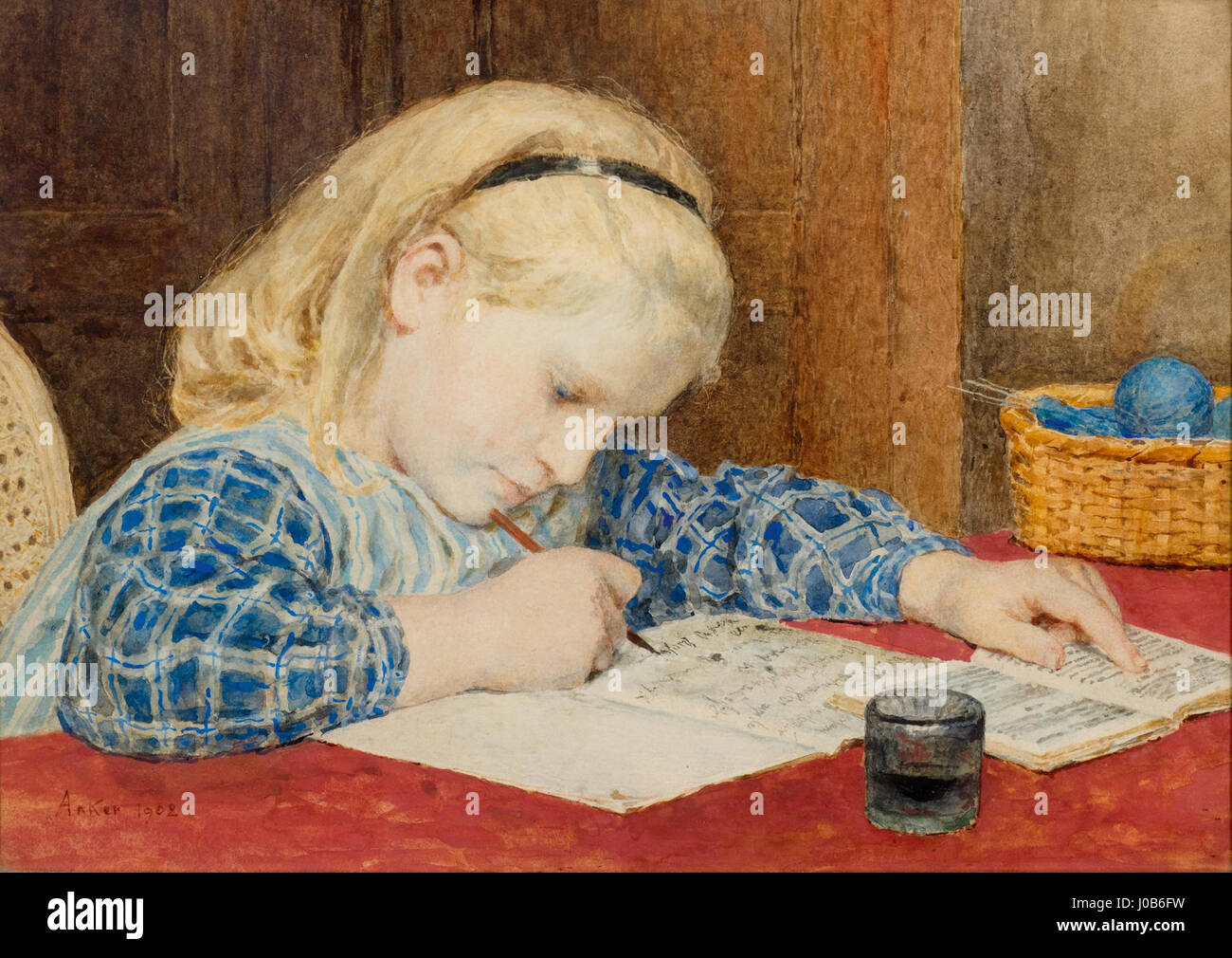 ‘Schreibendes Mädchen’ by Albert Anker depicts a young girl writing ...