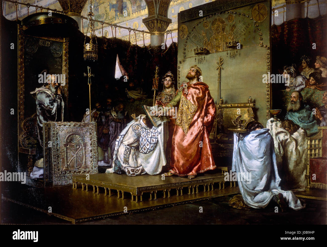 The painting 'Reccared I Conversión' by Muñoz Degrain depicts the ...