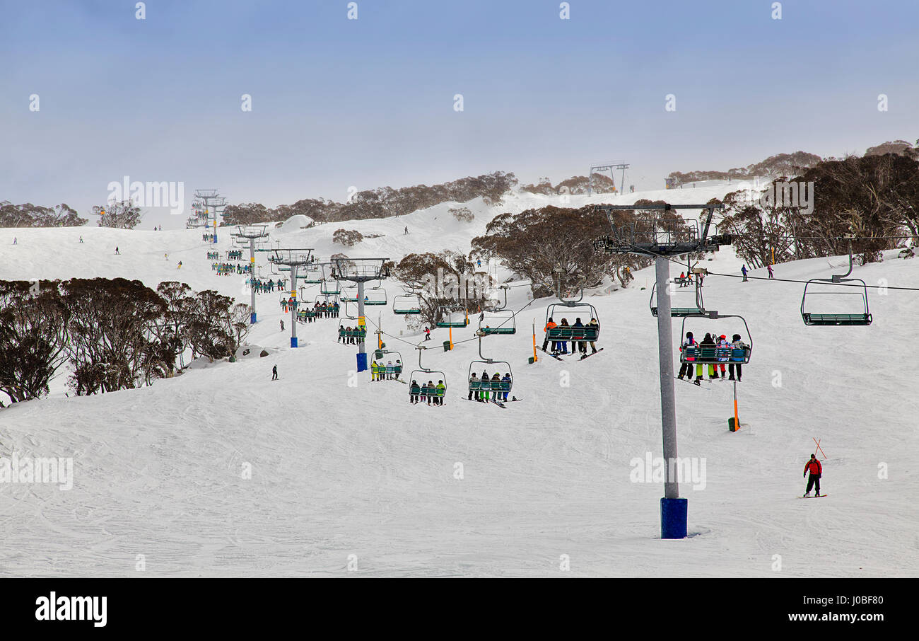 Skiing resort of Australia - Snowy mountains. Perisher valley cableway ...
