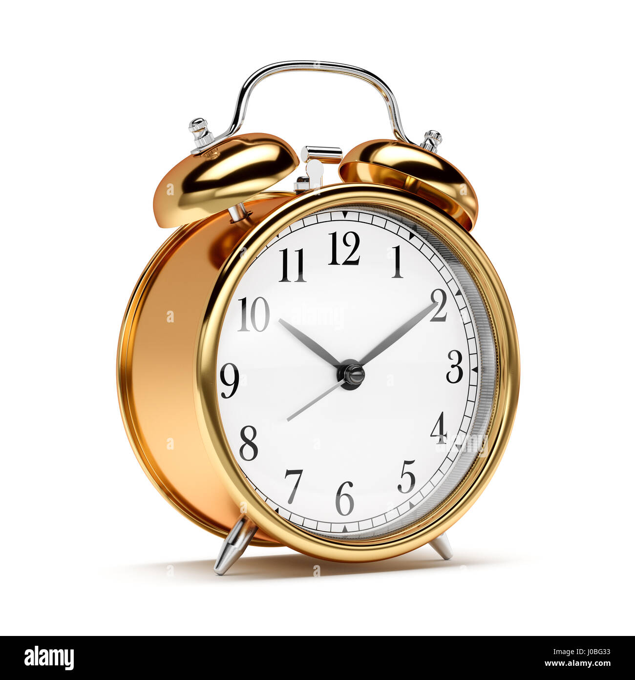 Golden old fashioned alarm clock isolated on white background. 3d ...