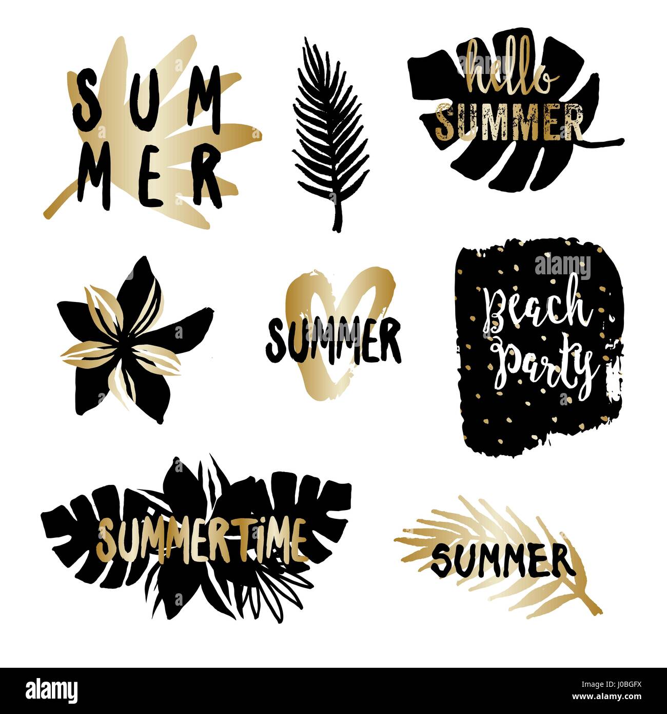 Summer typographic design elements with tropical leaves and flowers in ...