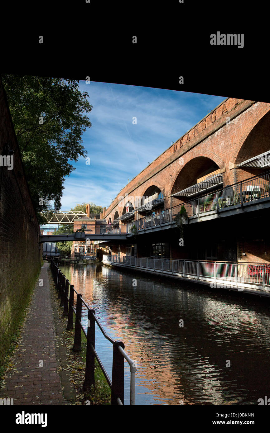 Deansgate area of Manchester seen from the Rochdale Canal Towpath ...