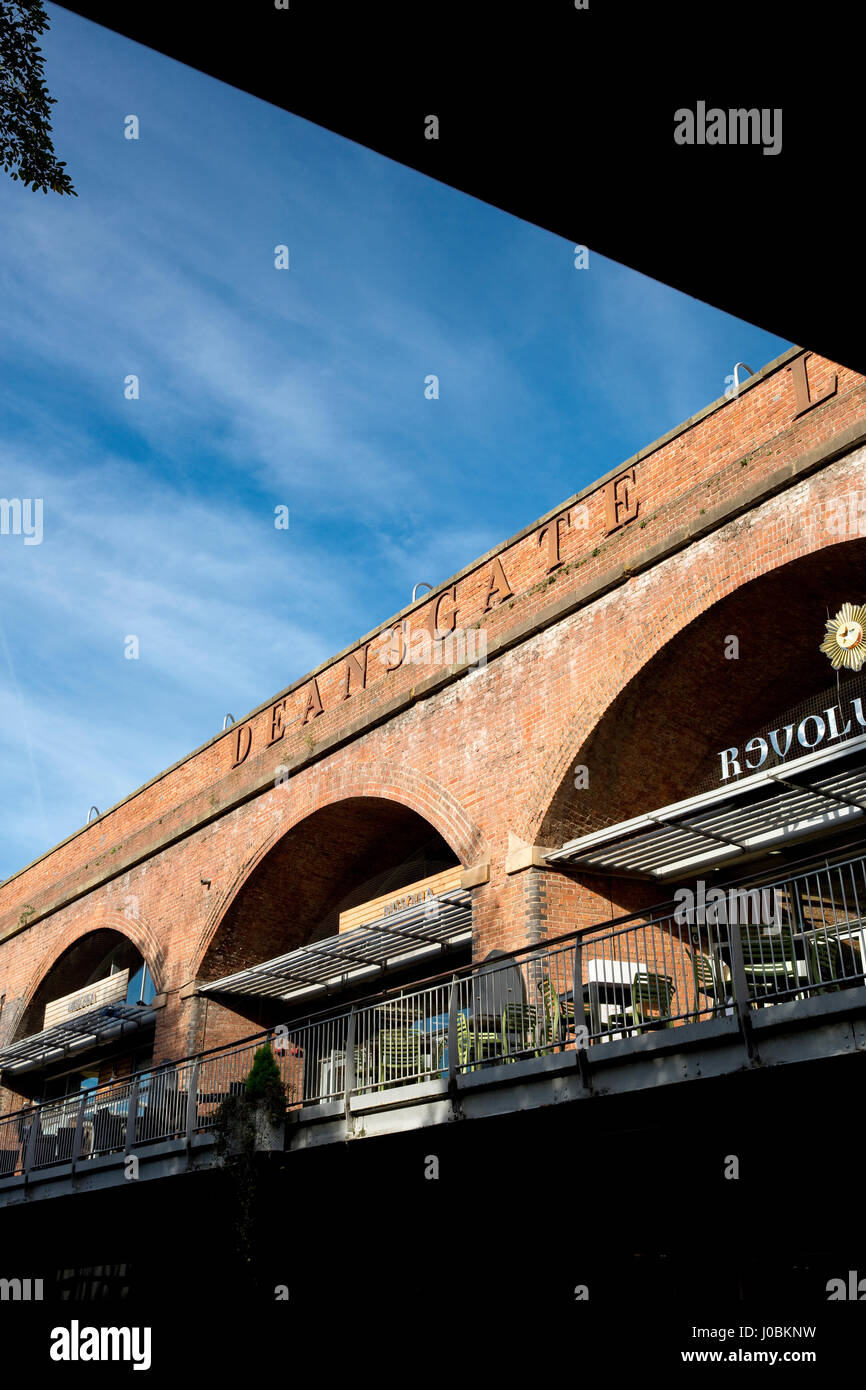 Deansgate area of Manchester seen from the Rochdale Canal Towpath ...