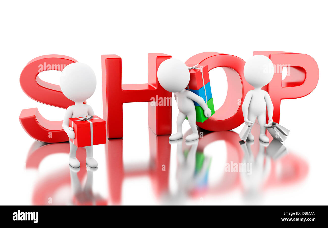 3D Illustration. White people with gift boxes and word SHOP. Shop ...