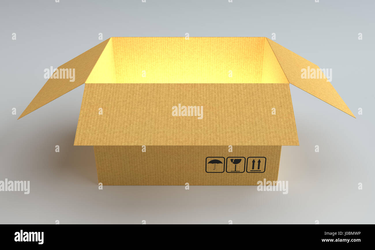 Open cardboard box with glow inside Stock Photo - Alamy