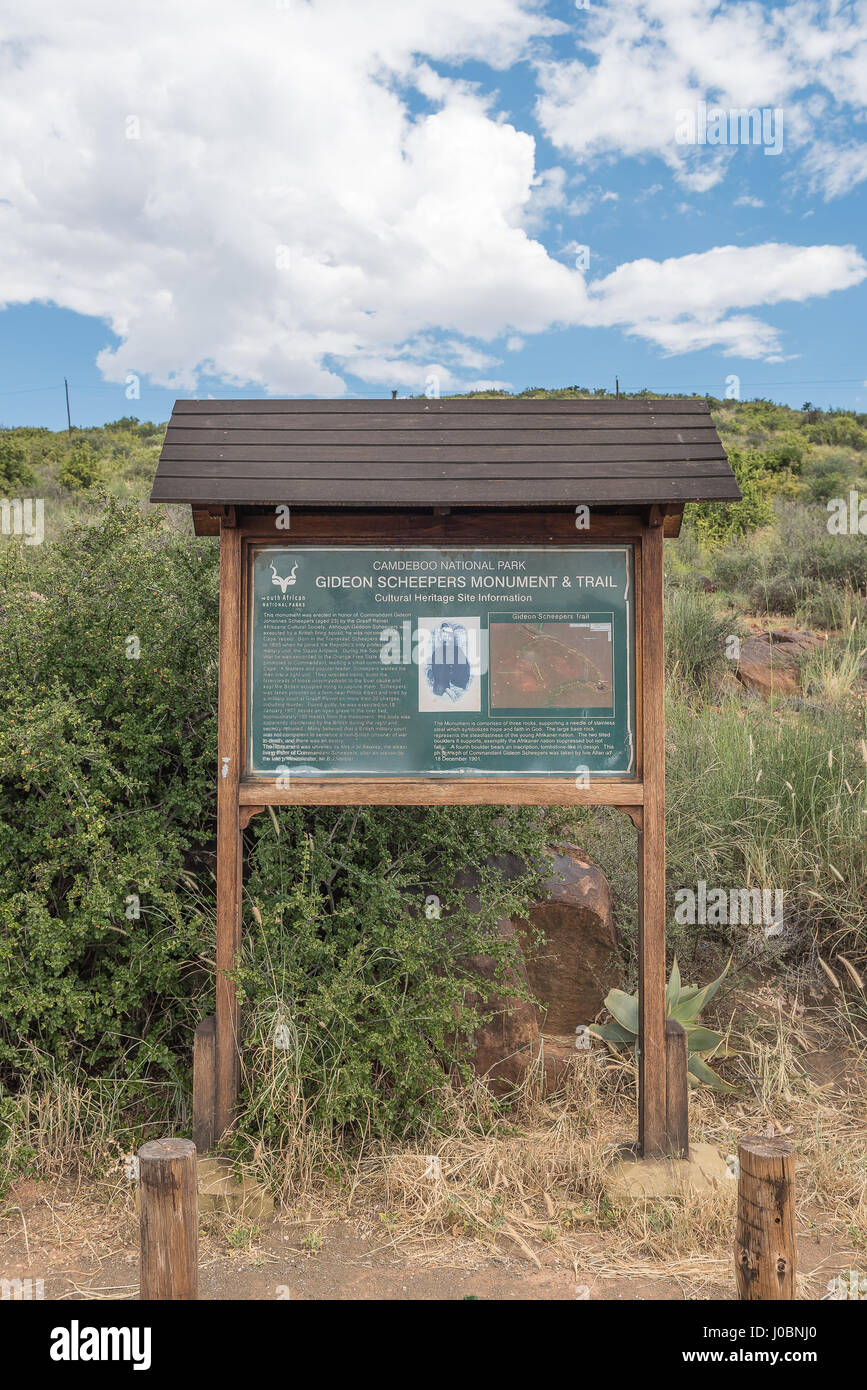 GRAAFF REINET, SOUTH AFRICA - MARCH 22, 2017: The information board next to the Gideon Scheepers ...