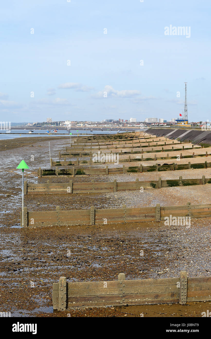 Breakwaters along the banks of the Thames Estuary between Shoeburyness ...