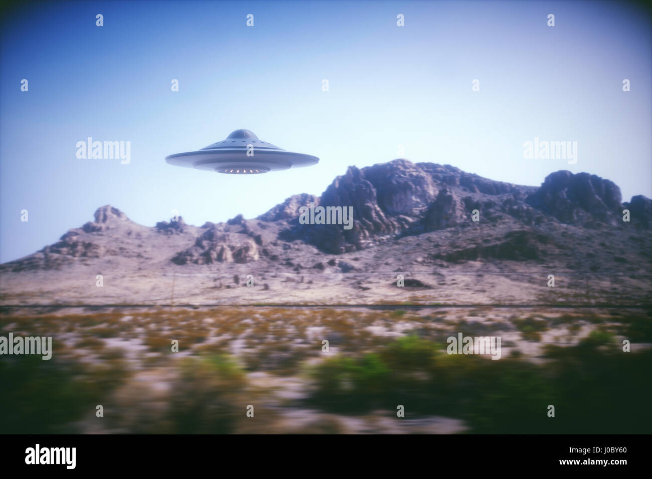3D illustration with photography. Alien spaceship flying with panning ...