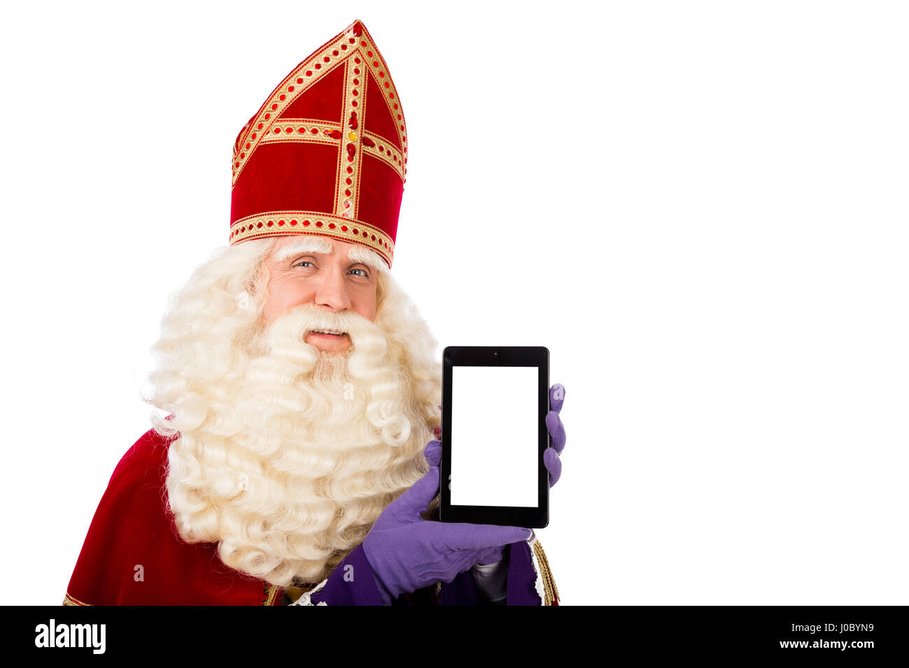 Sinterklaas with tablet. isolated on white background. Dutch character ...
