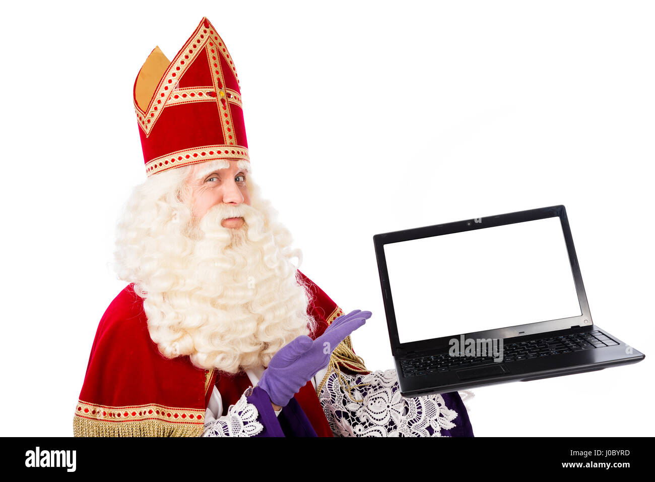 Sinterklaas with laptop. isolated on white background. Dutch character ...