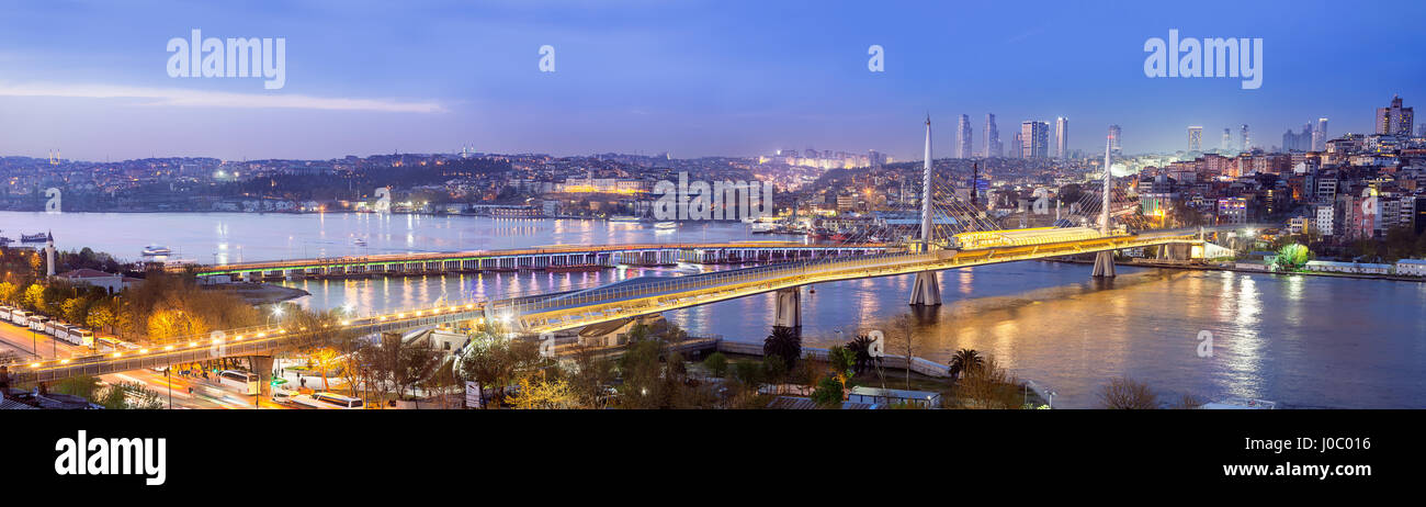 Panoramic view of Ataturk bridge in Istanbul, Turkey just after sunset ...