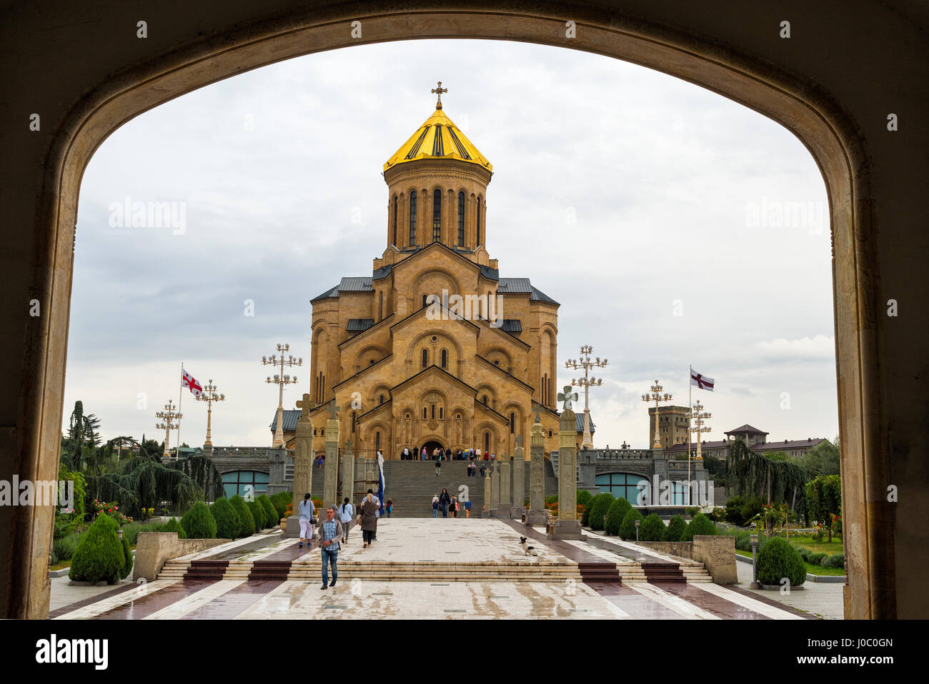 Holy Trinity Cathedral viewed through arches, Tbilisi, Georgia ...