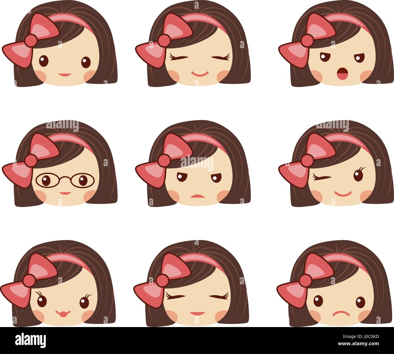 Cute girl face with red bow showing the different emotions vector ...