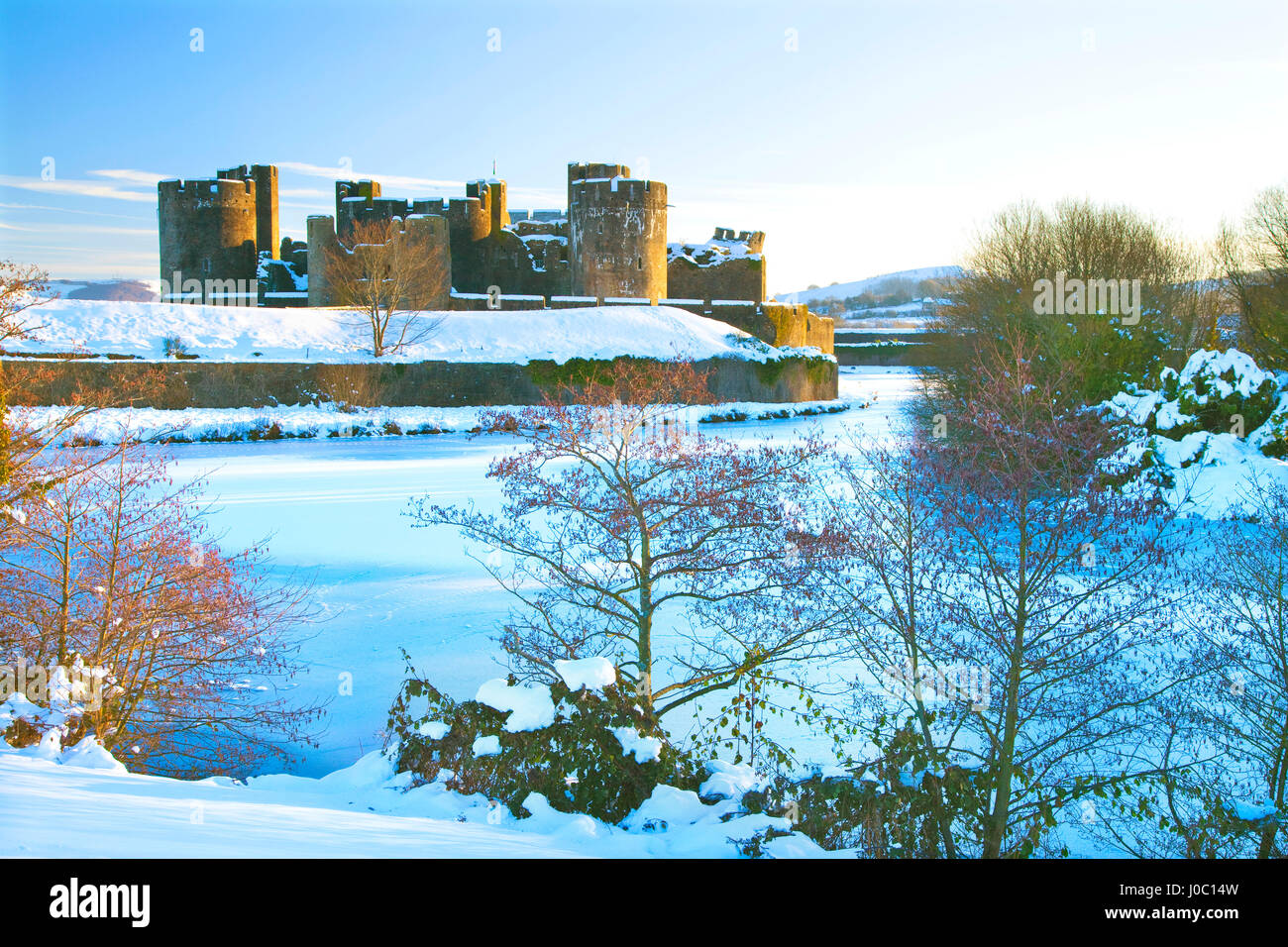 Caerphilly Castle in snow, Caerphilly, near Cardiff, Gwent, Wales, UK ...
