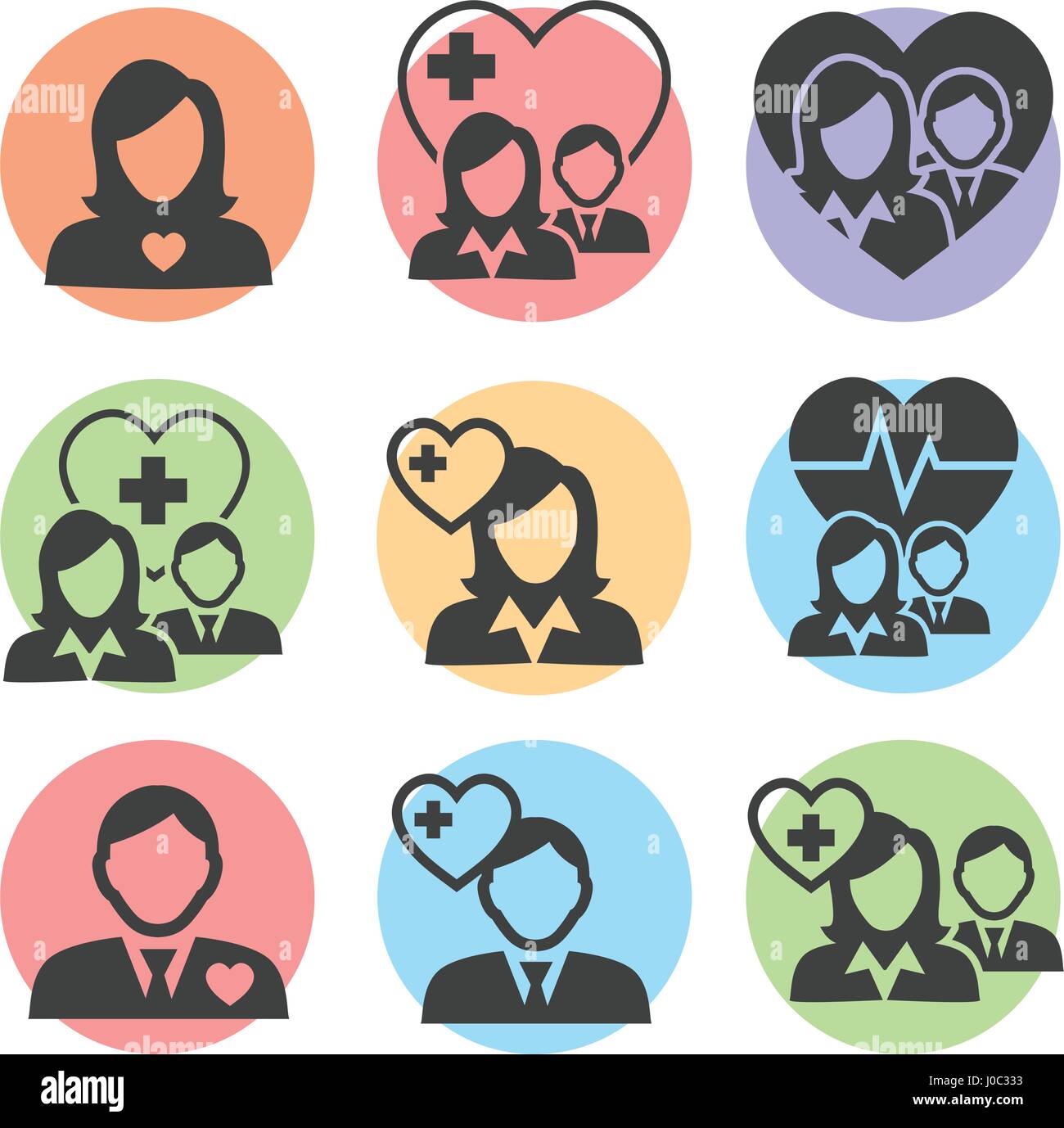 Medical Healthcare Insurance Icons with People Figures and Heart, EKG ...