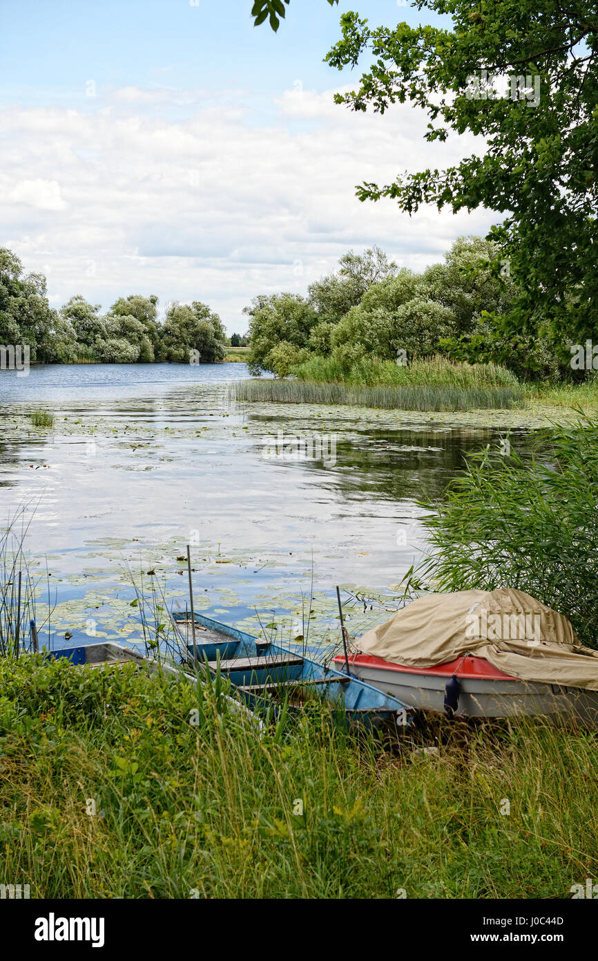 Havel river at summer time (Brandenburg, Germany). boats on shore Stock ...