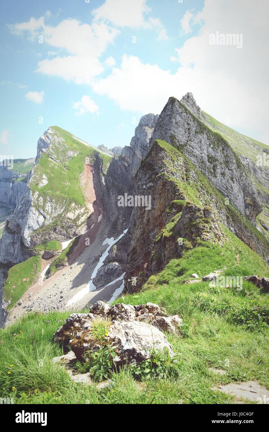 hiking in Rofan mountain area in Tyrol (Austria). retro retouch of ...