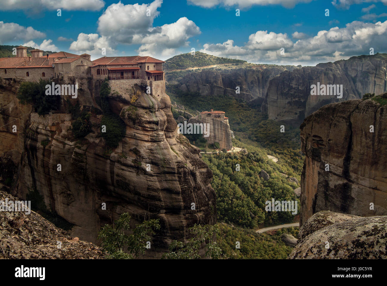 Elevated landscape view of Roussanou Monastery on top of rock formation ...
