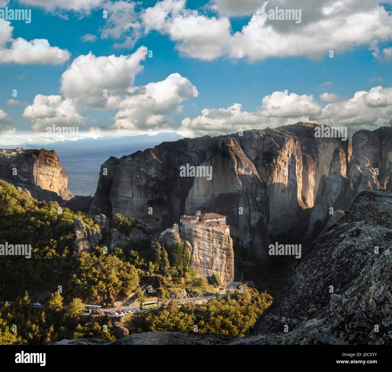 Landscape view of Roussanou Monastery on top of rock formation, Meteora ...