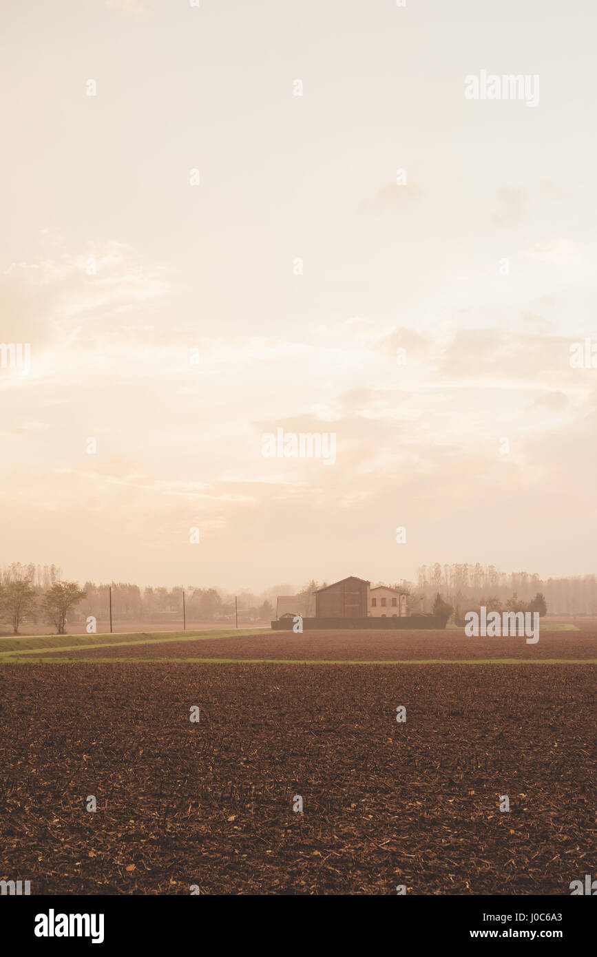 View of ploughed fields and distant farm buildings in mist Stock Photo ...