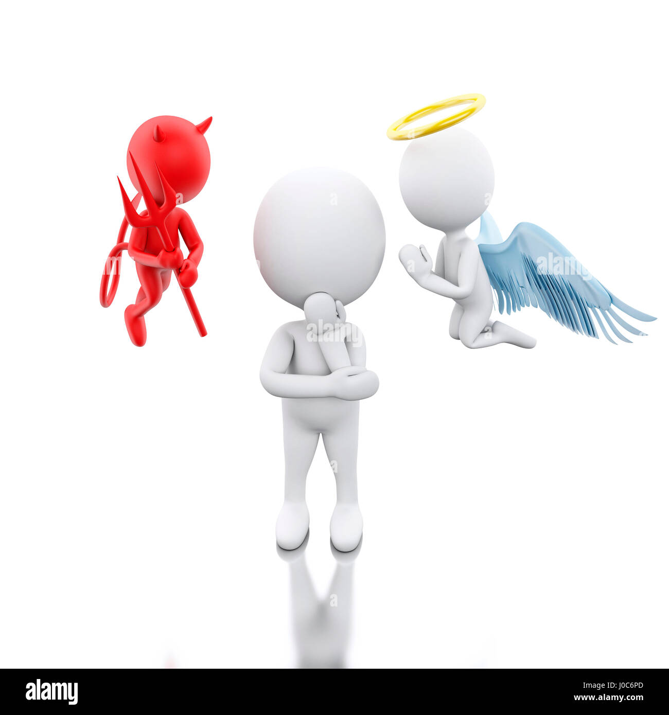 3D Illustration. White people contemplation a decision with Angel and ...