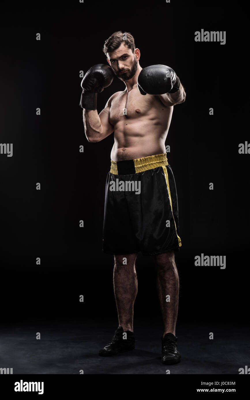 Full length portrait of muscular sportsman in boxing gloves and shorts ...