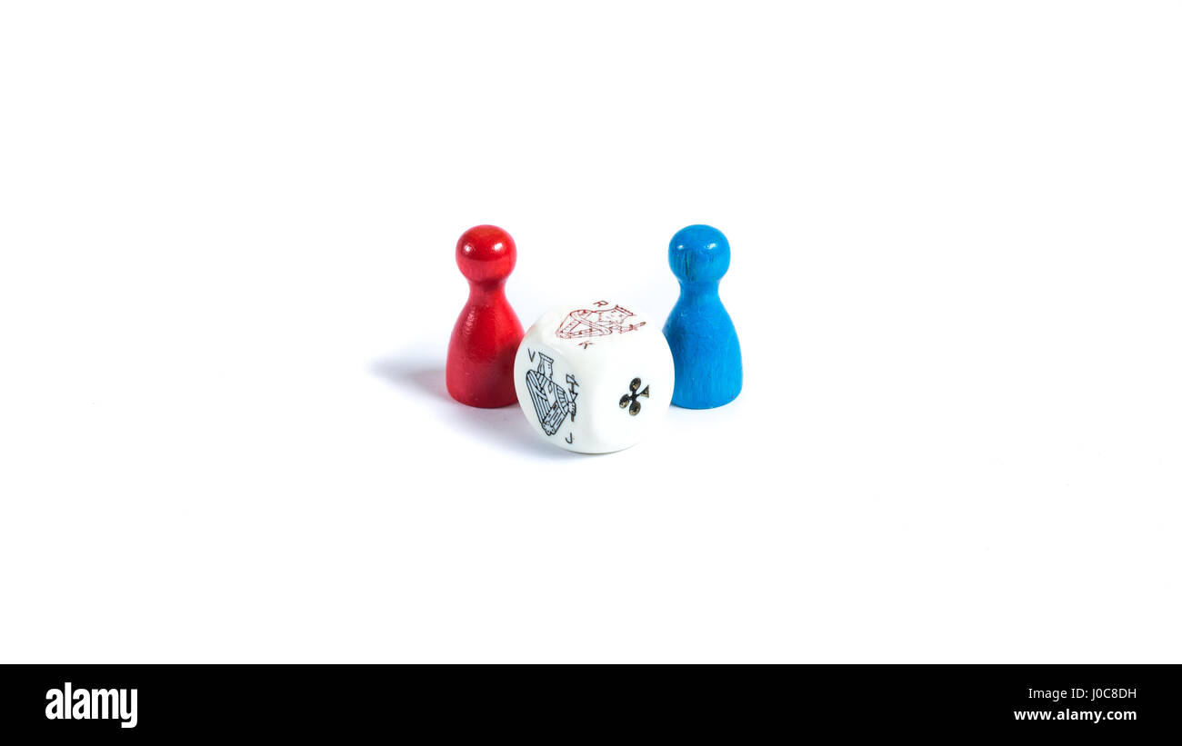 Board game figures and a dice in front of white background Stock Photo ...