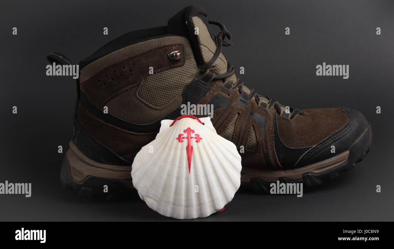 Shell next to the boot, symbol of pilgrimage Stock Photo - Alamy