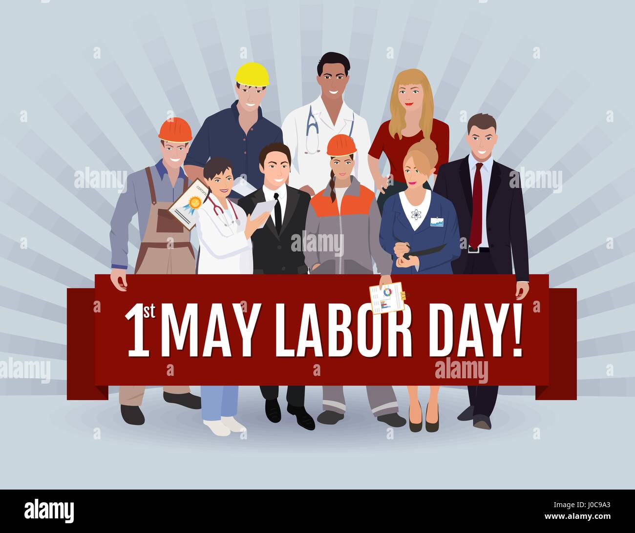 Labor day greeting illustration. People group different occupation with ...